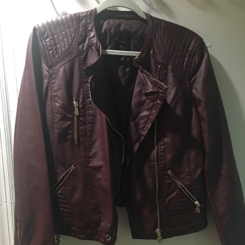 Burgundy Faux Leather Moto Jacket - Gem